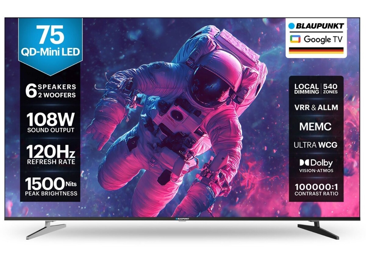 Blaupunkt Mini QD टीवी 75 इंच तक के स्क्रीन साइज और 108W स्पीकर्स के ...