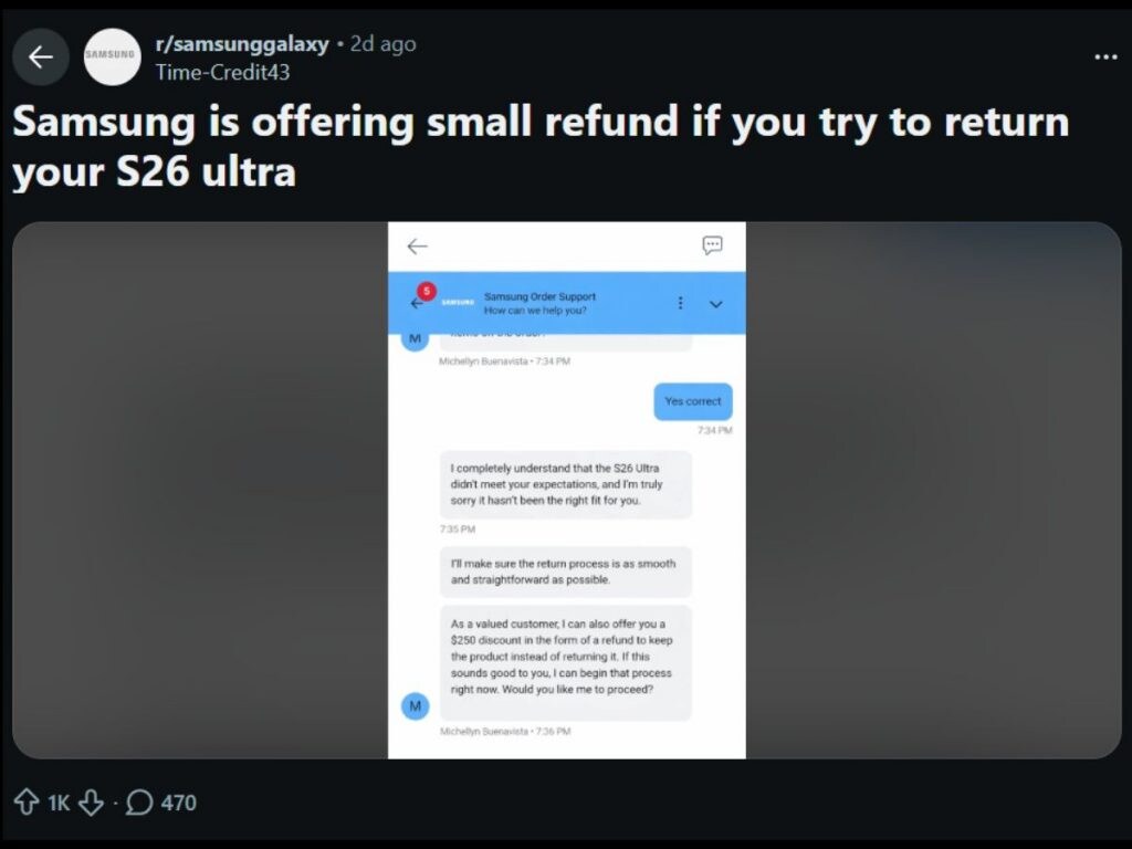 Samsung is paying to keep the Galaxy S26 Ultra? What Reddit user claims